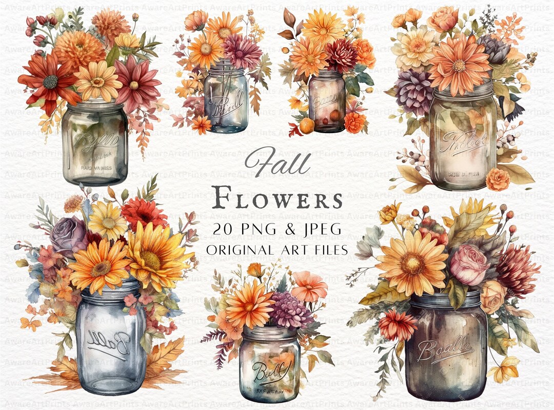 Fall Flowers 20pc PNG & JPEG Bundle | Mason Jar Flowers PNG | Fall ...