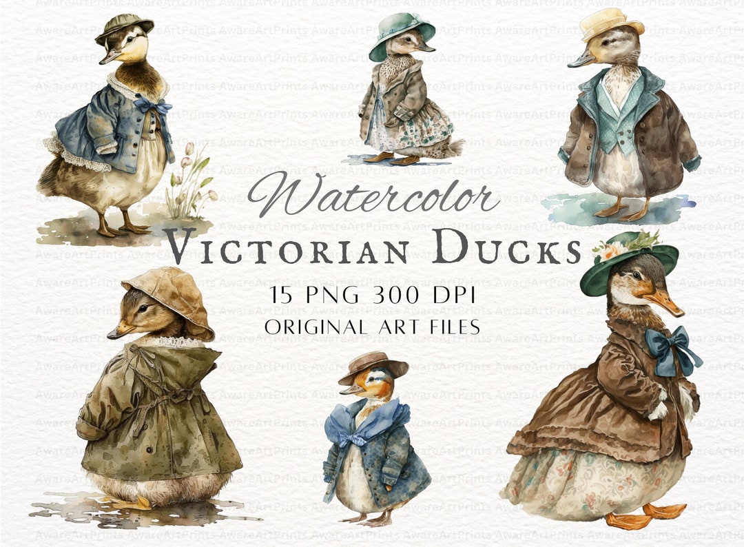 Watercolor Victorian Duck 15pc PNG & JPEG | Watercolor Fantasy Duck PNG ...