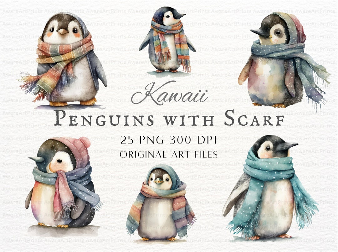 Cute Penguins 25pc PNG & JPEG | Scarf Penguin PNG | Baby Penguin Art ...