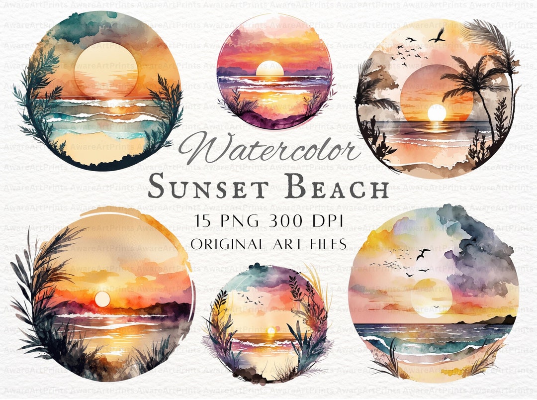 Sunset Beach 15pc PNG Bundle | Watercolor Sunset PNG | Watercolor ...