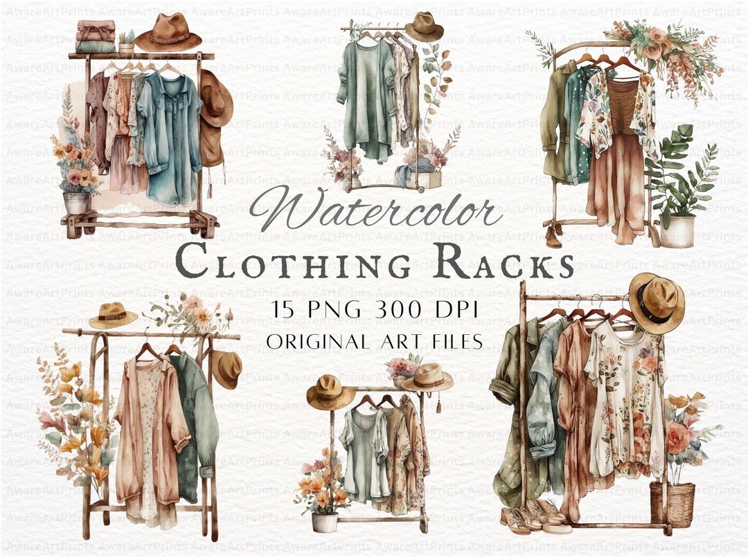 Fashion Clothing Rack 15pc PNG & JPEG | Watercolor Clothing Rack | Boho ...