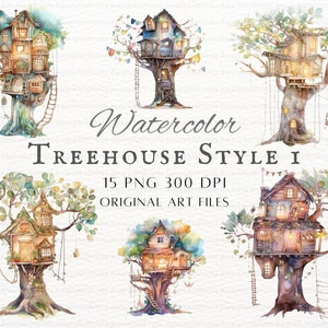 Watercolor Treehouse 15pc PNG Style 1 | Watercolor Treehouse PNG ...