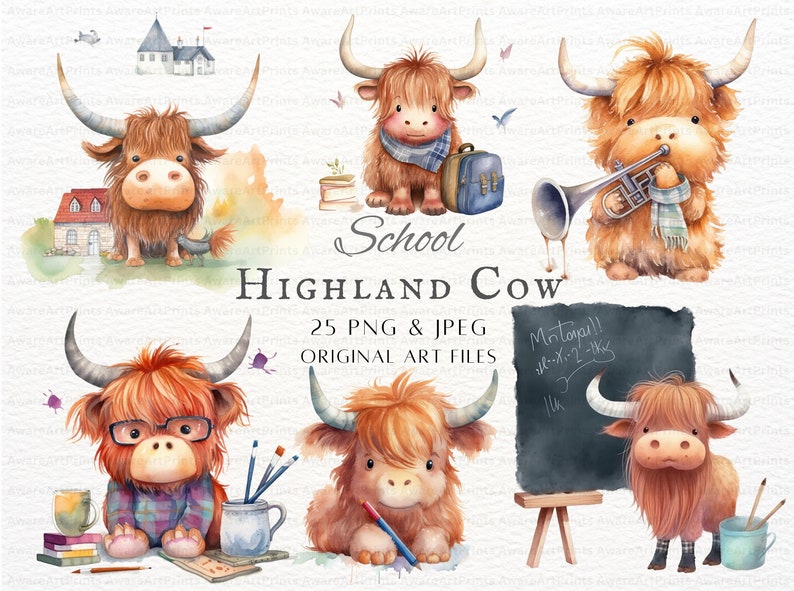 Highland Cow Student 25pc PNG & JPEG Bundle | Highland Cow Student PNG ...