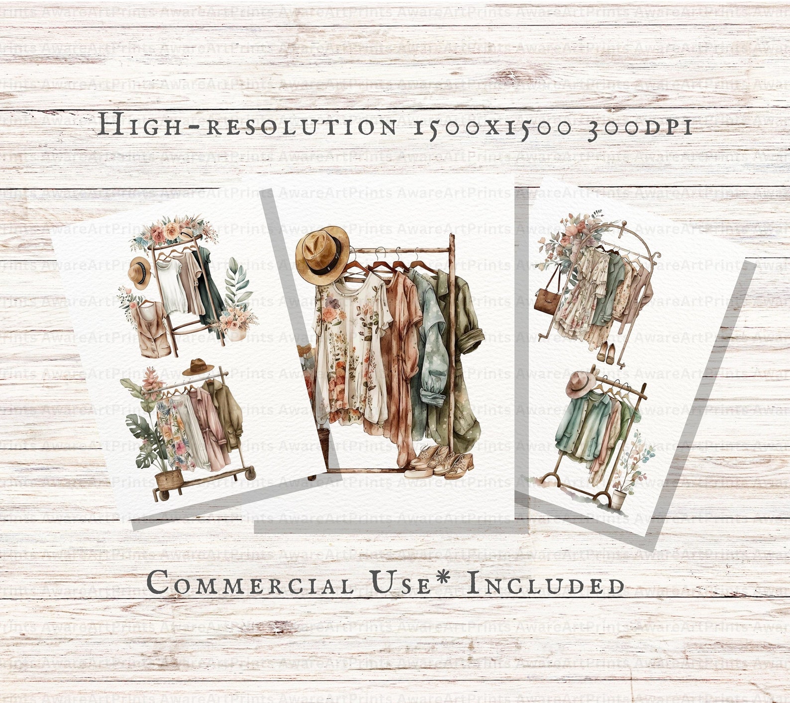 Fashion Clothing Rack 15pc PNG & JPEG | Watercolor Clothing Rack | Boho ...