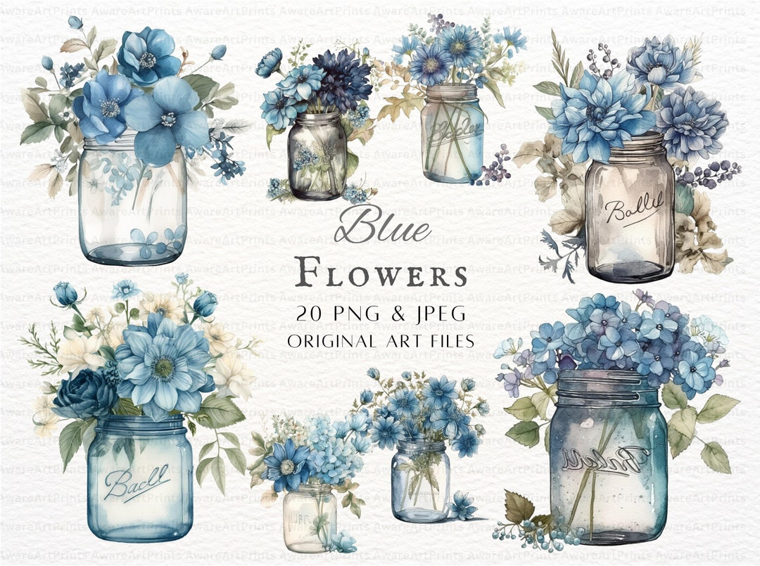 Blue Flowers 20pc PNG & JPEG Bundle | Mason Jar Flowers PNG | Blue ...