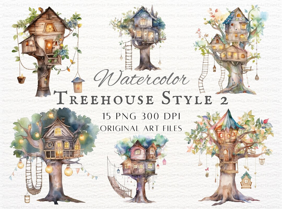 Watercolor Treehouse 15pc PNG Style 2 | Fantasy Treehouse PNG ...