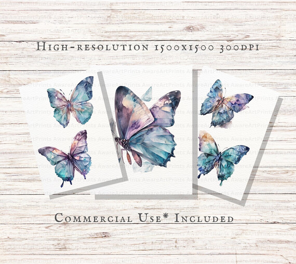 Watercolor Crystal Butterflies 20pc PNG & JPEG | Watercolor Butterfly ...
