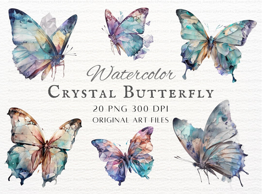 Watercolor Crystal Butterflies 20pc PNG & JPEG | Watercolor Butterfly ...