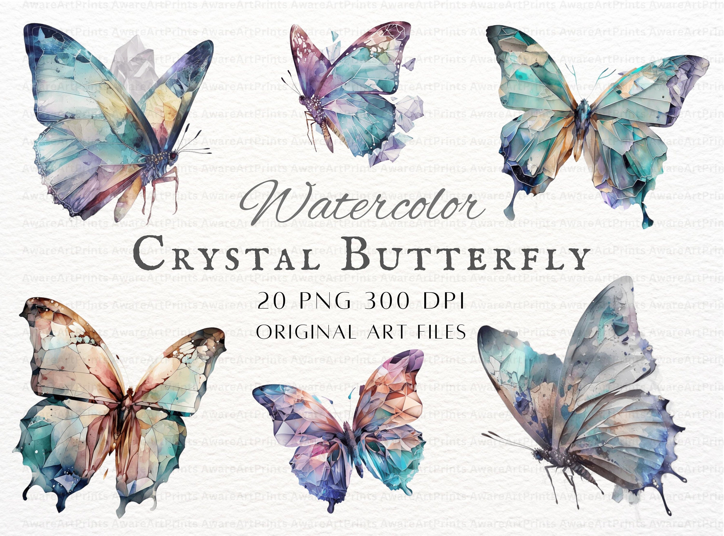 Watercolor Crystal Butterflies 20pc PNG & JPEG | Watercolor Butterfly ...