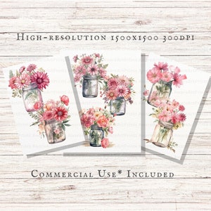Pink Flowers 20pc PNG & JPEG Bundle | Mason Jar Flowers PNG | Pink ...