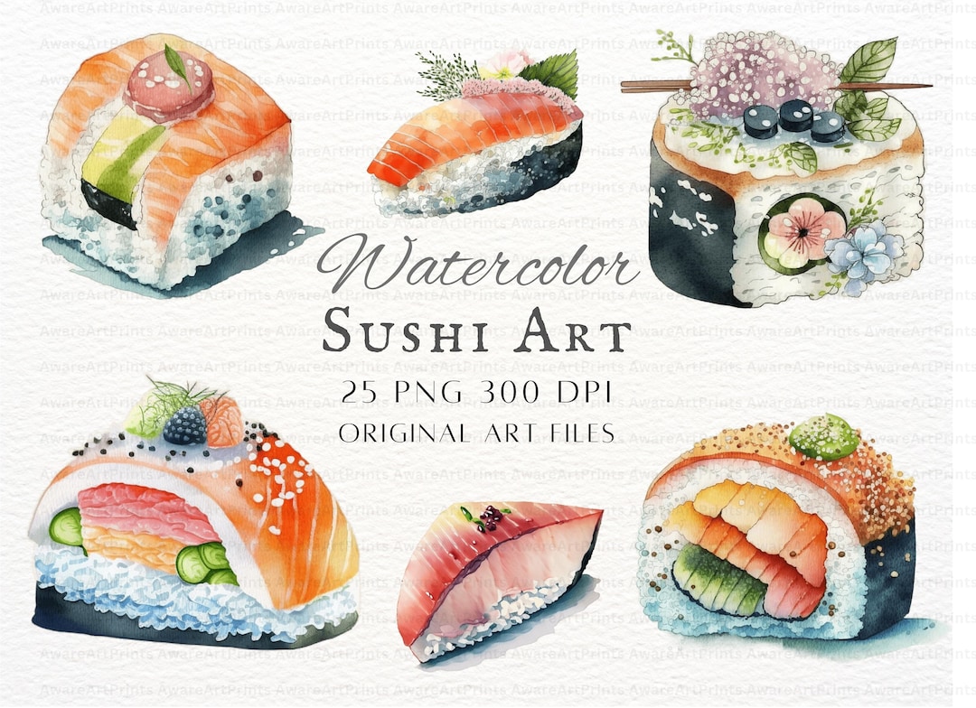 Watercolor Sushi 25pc PNG & JPEG | Sushi PNG | Sushi Clipart | Sushi ...