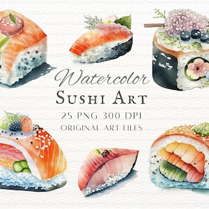 Watercolor Sushi 25pc PNG & JPEG | Sushi PNG | Sushi Clipart | Sushi ...