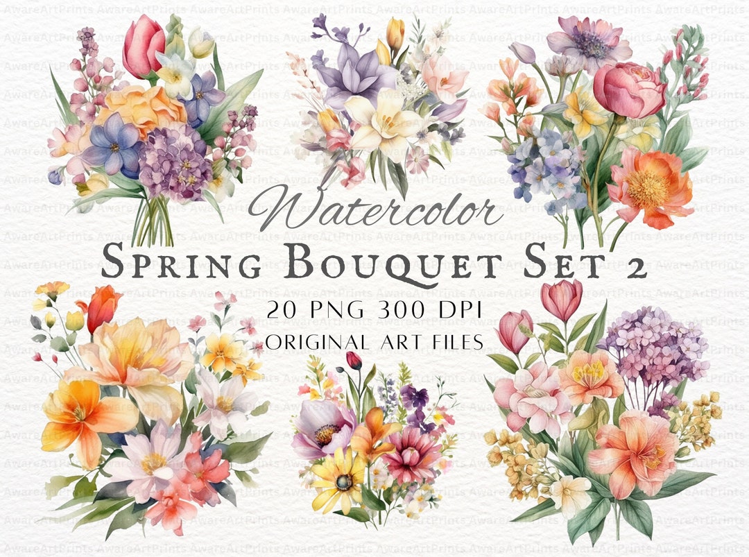 Watercolor Spring Bouquet 20pc PNG Set 2 Bundle | Spring Flowers PNG ...