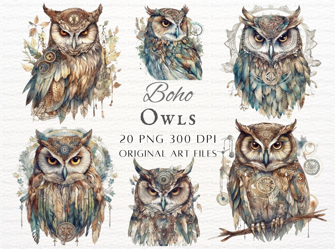 Boho Owls 20pc Bundle | Boho Owl PNG | Owl JPEG | Vintage Owl ...