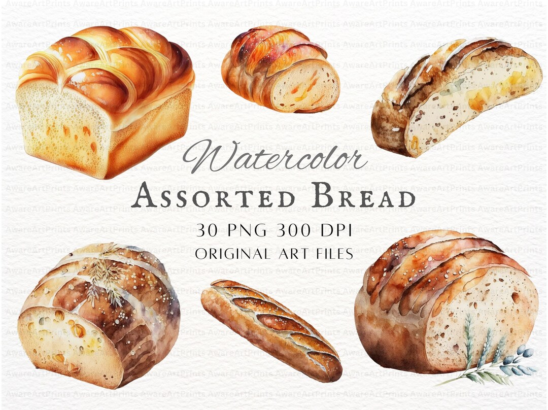 Watercolor Bread 30pc PNG & JPEG | Bread PNG | Bakery Bread Art ...
