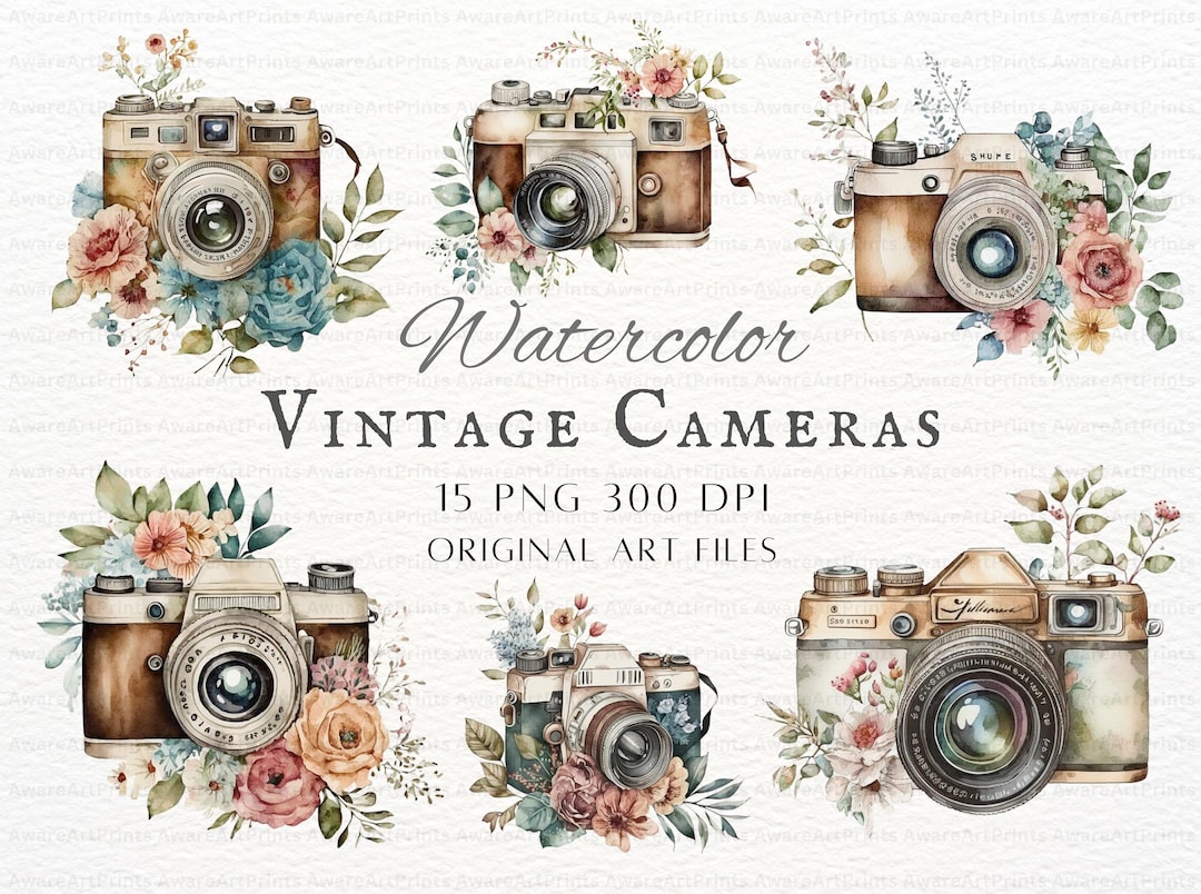 Vintage Camera 15pc PNG & JPEG | Boho Camera PNG | Watercolor Vintage ...