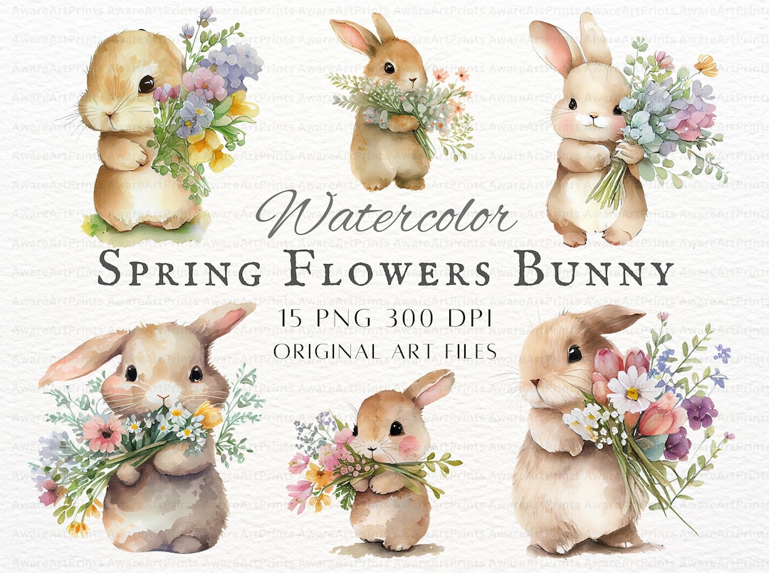 Spring Bunny 15pc PNG & JPEG | Watercolor Spring Bunny PNG | Spring ...