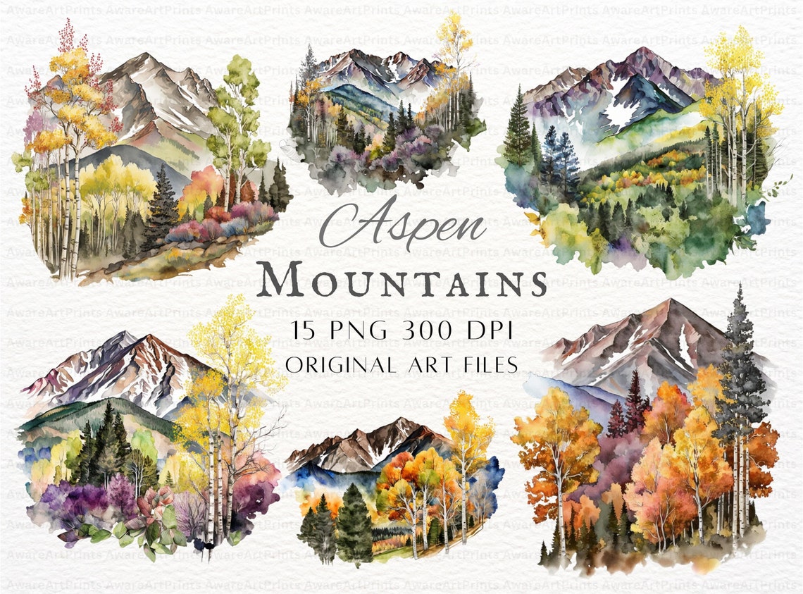 Watercolor Aspen Mountain 15pc PNG Bundle | Aspen Mountain PNG | Aspen ...