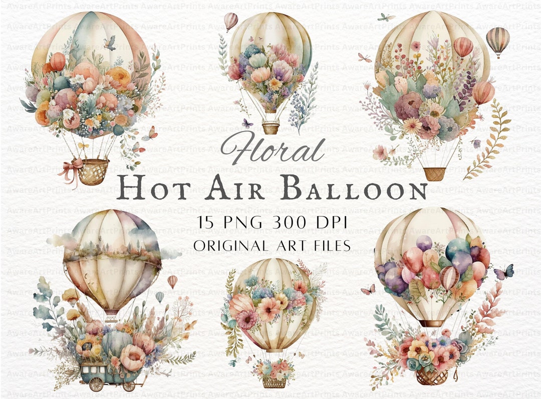 Floral Hot Air Balloon 15pc PNG & JPEG | Spring Hot Air Balloon PNG ...