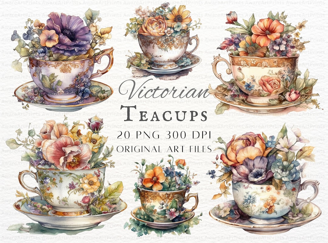 Victorian Teacups 20pc PNG & JPEG | Vintage Teacup PNG | Watercolor ...