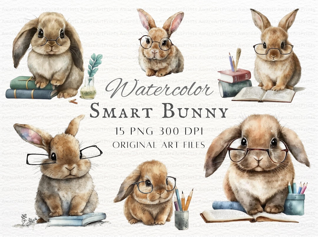Watercolor Funny Bunny 15pc PNG & JPEG | Cute Bunny PNG | Nerd Bunny ...
