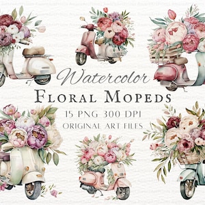 Vintage Floral Mopeds 15pc PNG & JPEG | Vintage Moped PNG | Floral ...