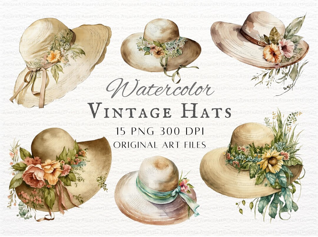 Vintage Hats 15pc PNG & JPEG | Watercolor Vintage Hat PNG | Vintage Hat ...