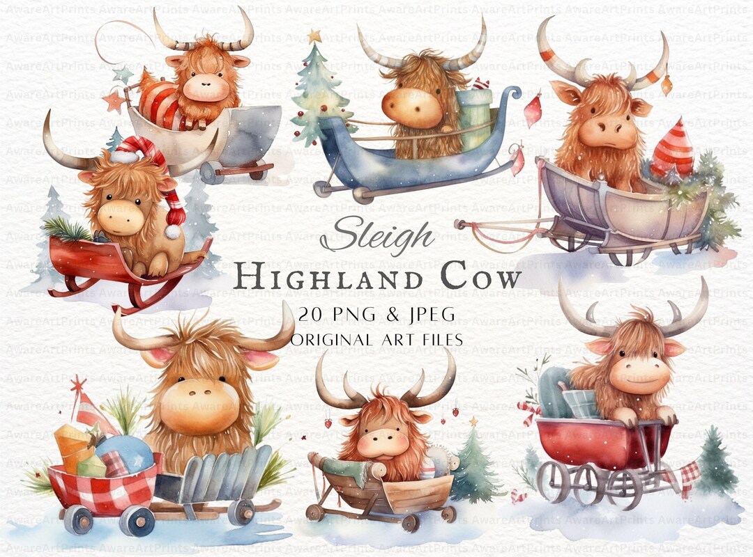 Highland Cow Sled 20pc PNG & JPEG Bundle | Highland Cow PNG | Highland ...