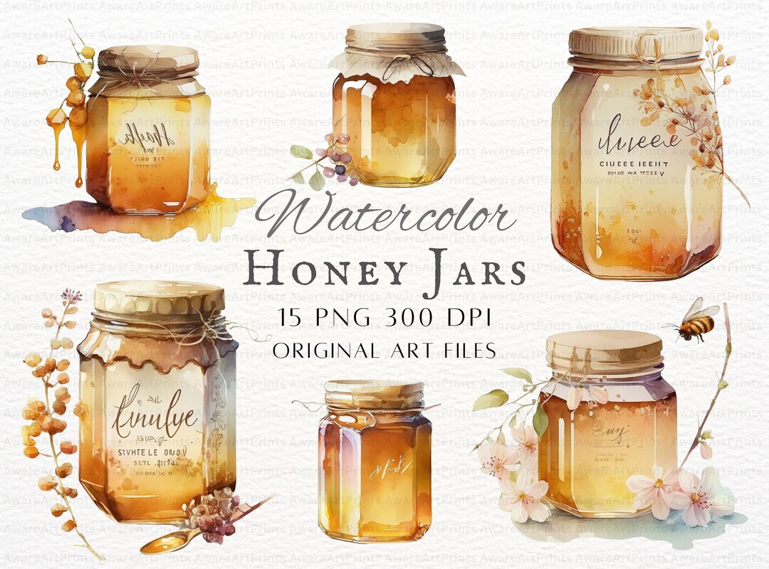 Honey Jars 15pc PNG & JPEG | Watercolor Honey Jar PNG | Honey Jar ...