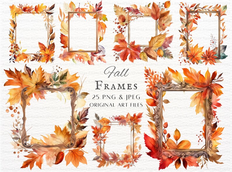 Fall Frames 25pc PNG & JPEG Bundle | Watercolor Fall Frame PNG | Autumn ...
