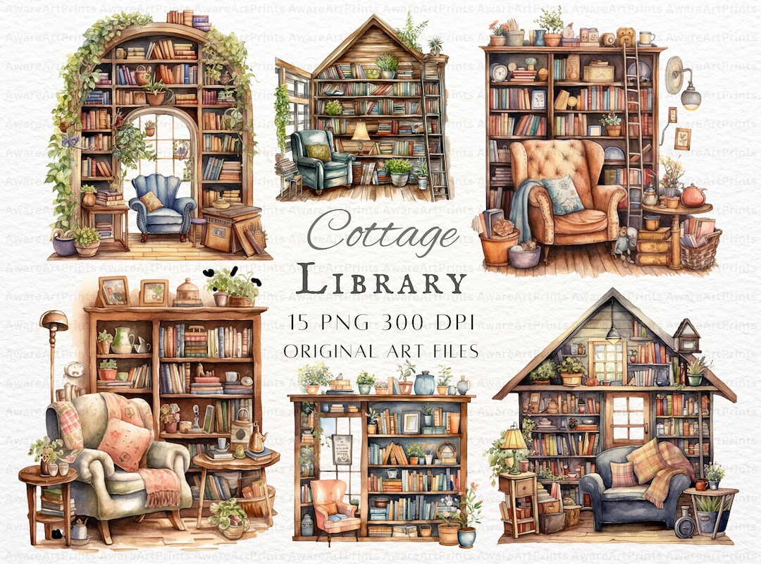 Cottage Library 15pc PNG & JPEG | Cottage Library PNG | Cozy Library ...