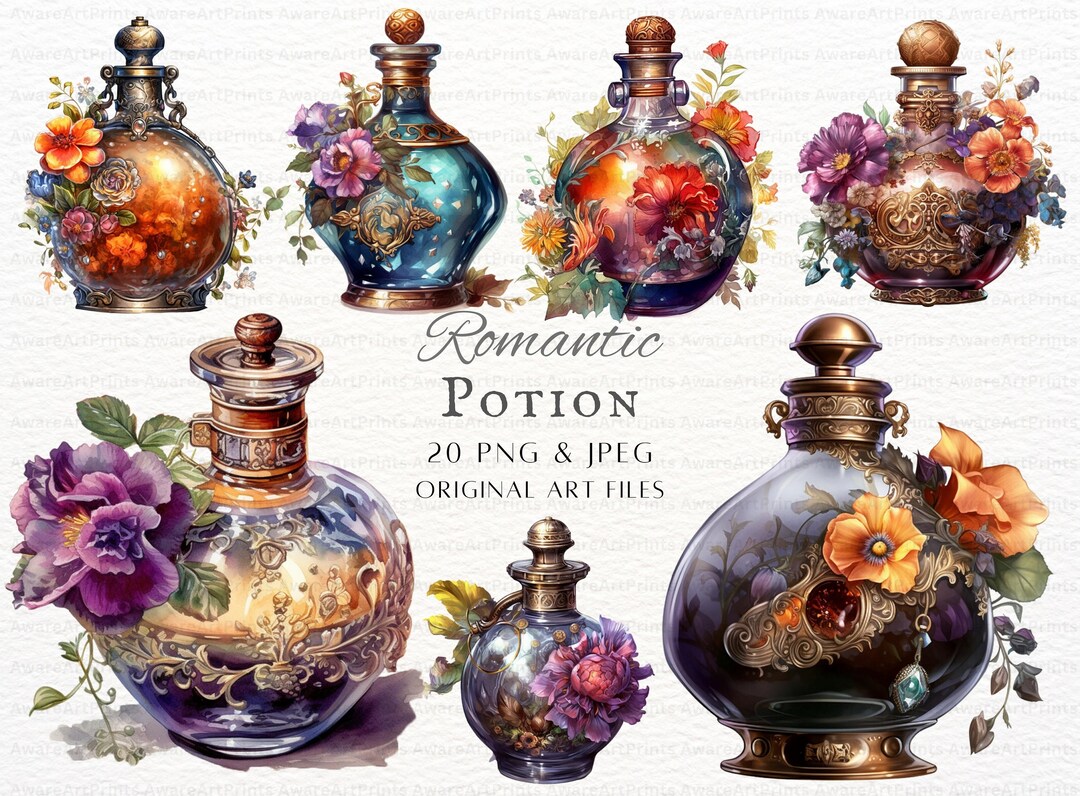 Floral Potion 20pc PNG & JPEG Bundle | Vintage Potion PNG | Potion ...