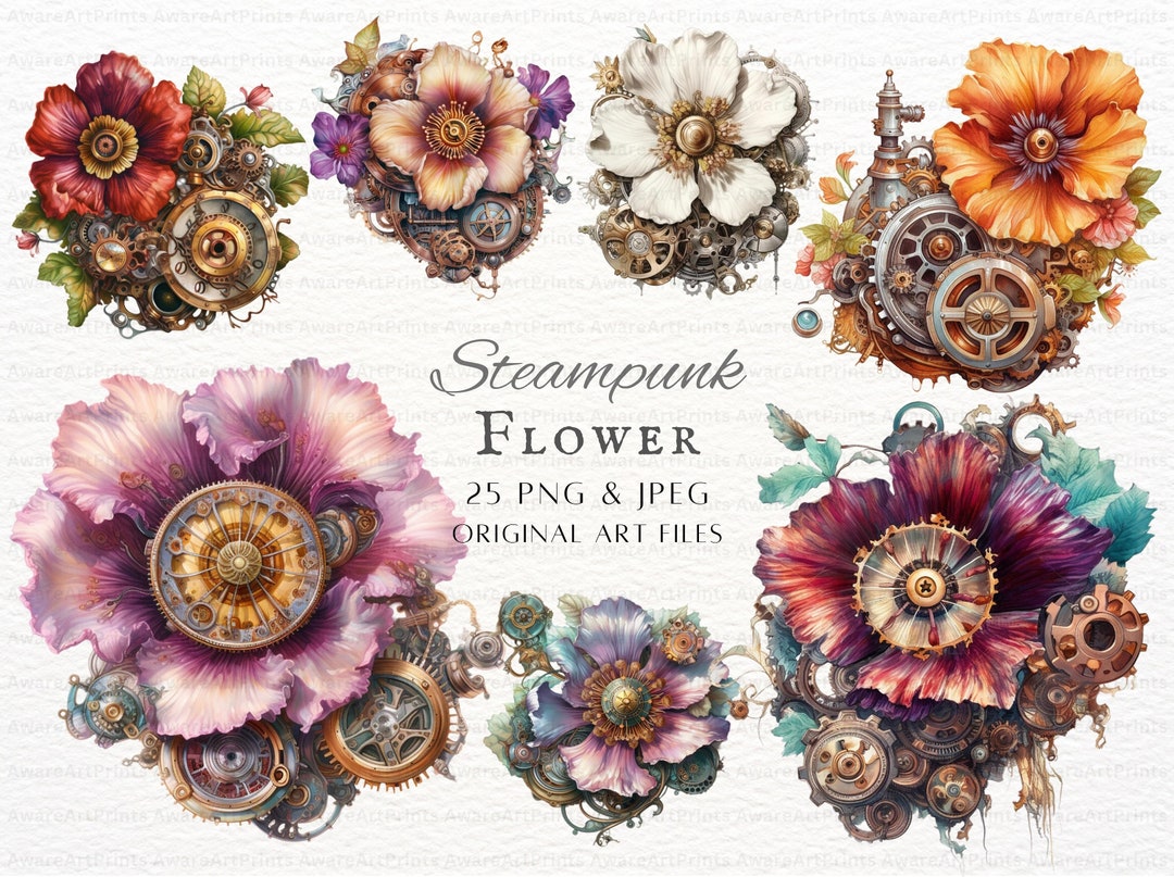 Steampunk Flower 25pc PNG & JPEG Bundle | Steampunk Flower PNG | Flower ...