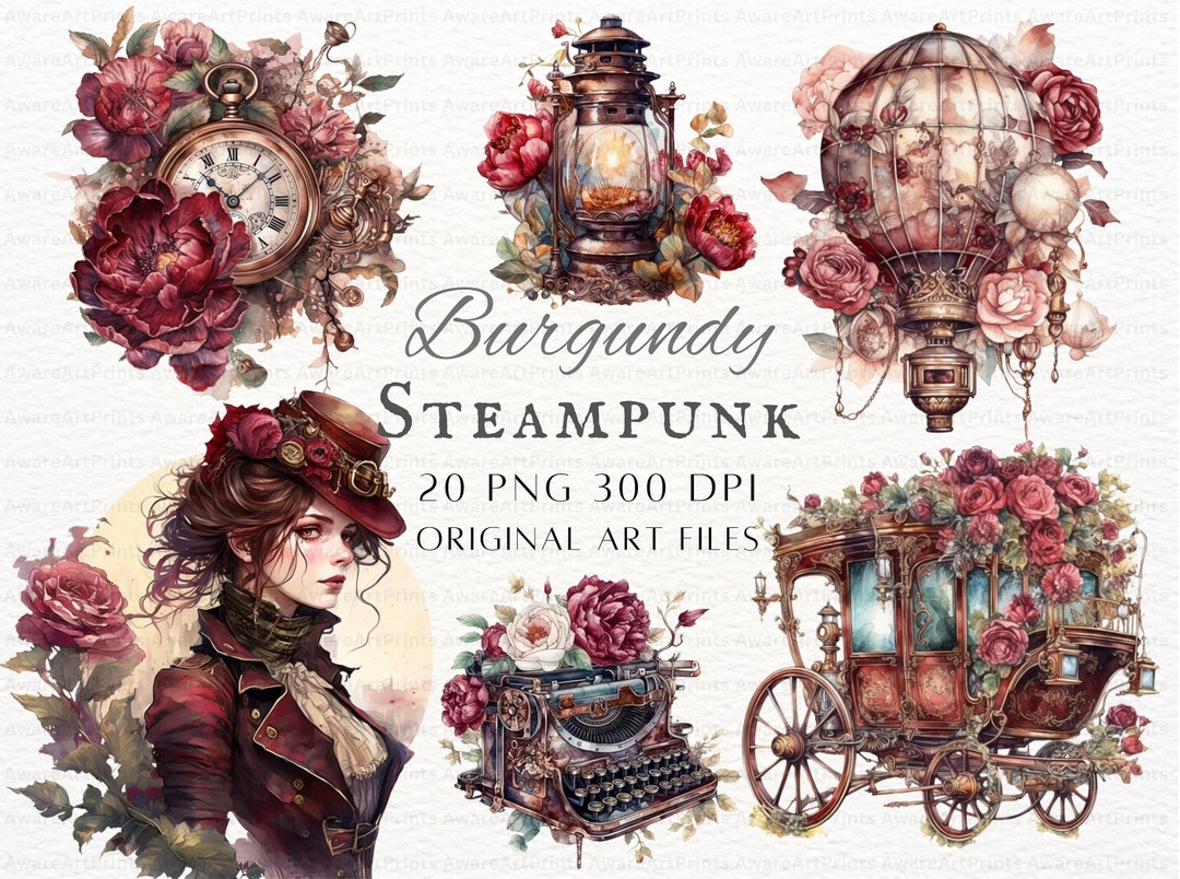 Steampunk 20pc PNG Bundle Burgundy | Steampunk PNG | Floral Steampunk ...