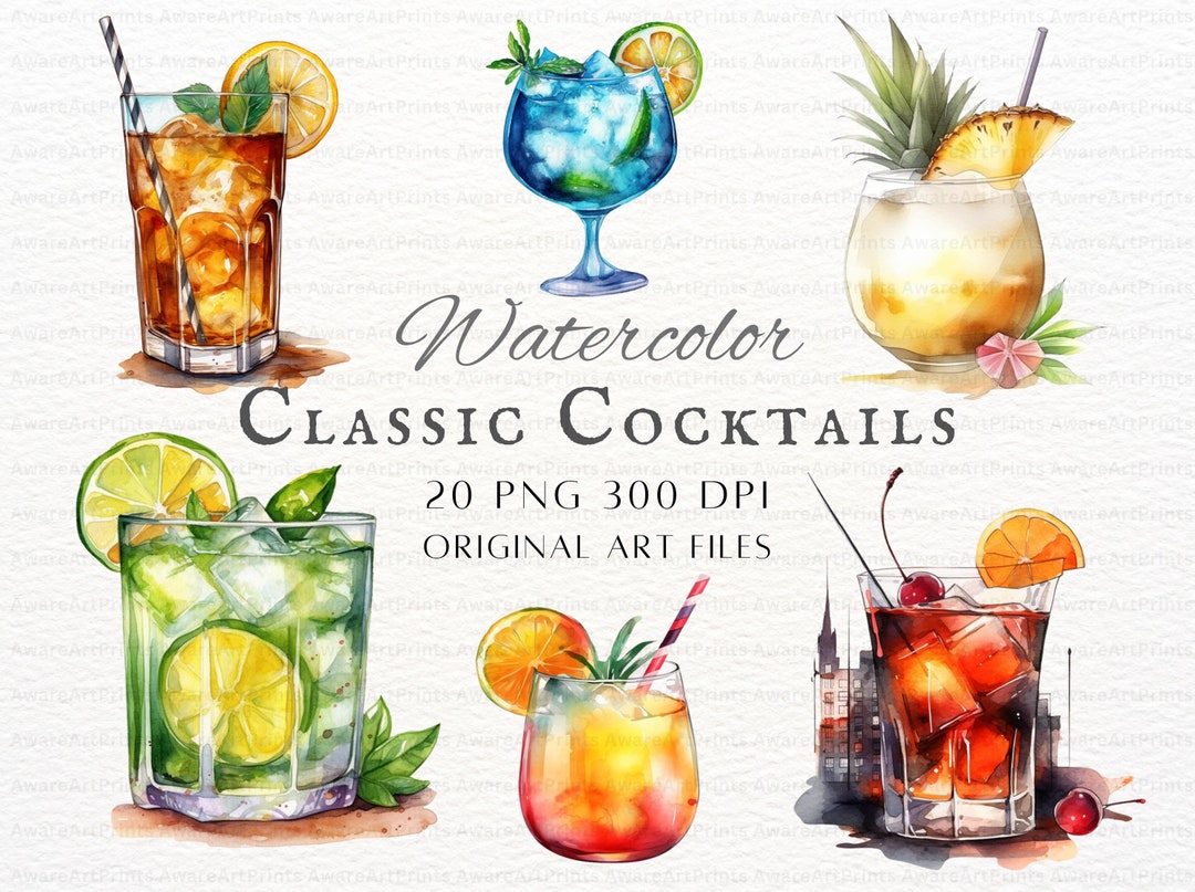 Classic Cocktails 20pc PNG & JPEG | Watercolor Cocktail Art | Cocktail ...