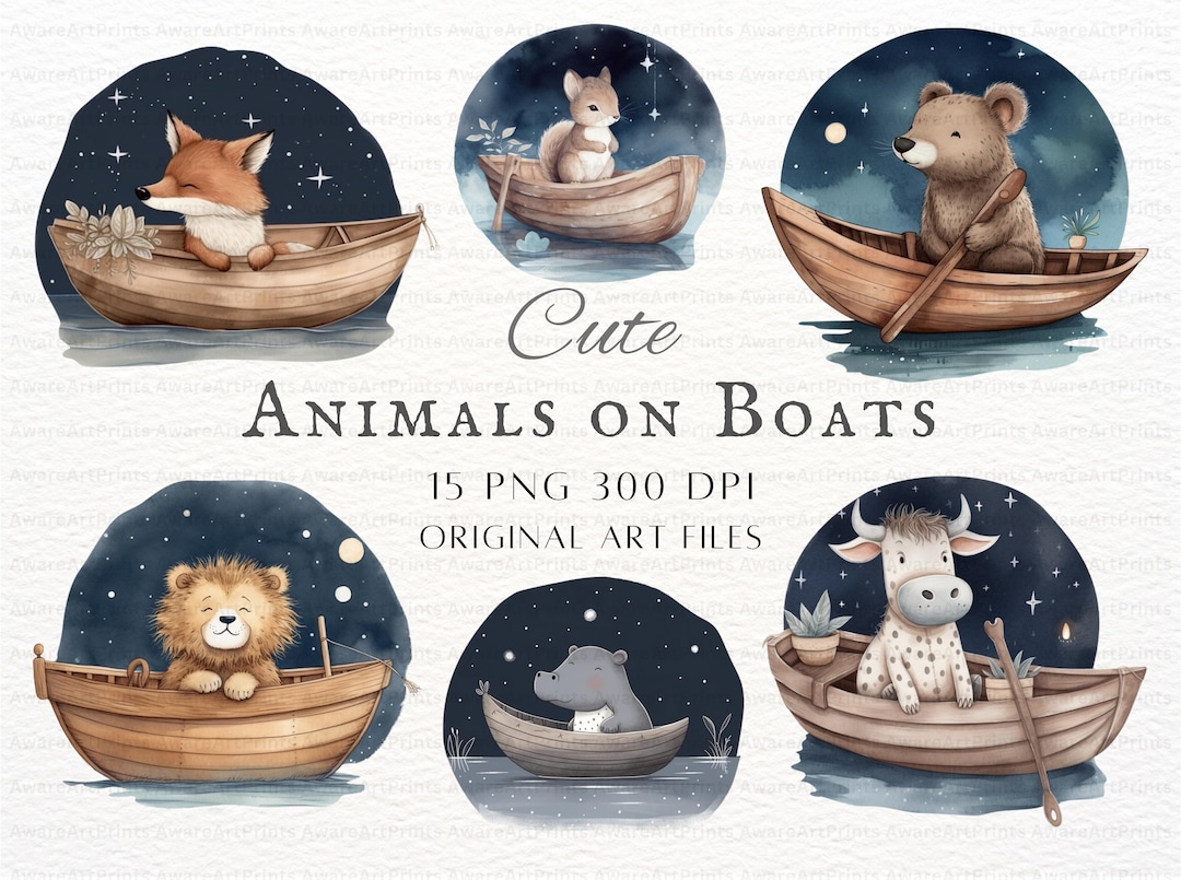 Nursery Animal 15pc PNG & JPEG Style 2 | Animal Boat PNG | Baby Animal ...