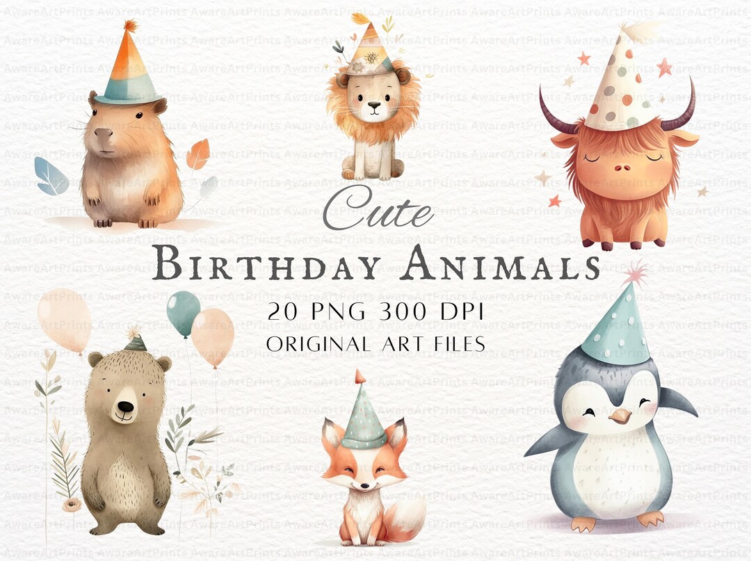 Watercolor Birthday Animals 20pc PNG & JPEG | Nursery Animal Birthday ...