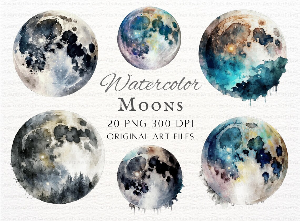 Watercolor Moon Art 20pc PNG | Watercolor Moon PNG | Moon PNG | Moon ...