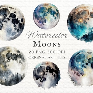 Watercolor Moon Art 20pc PNG | Watercolor Moon PNG | Moon PNG | Moon ...