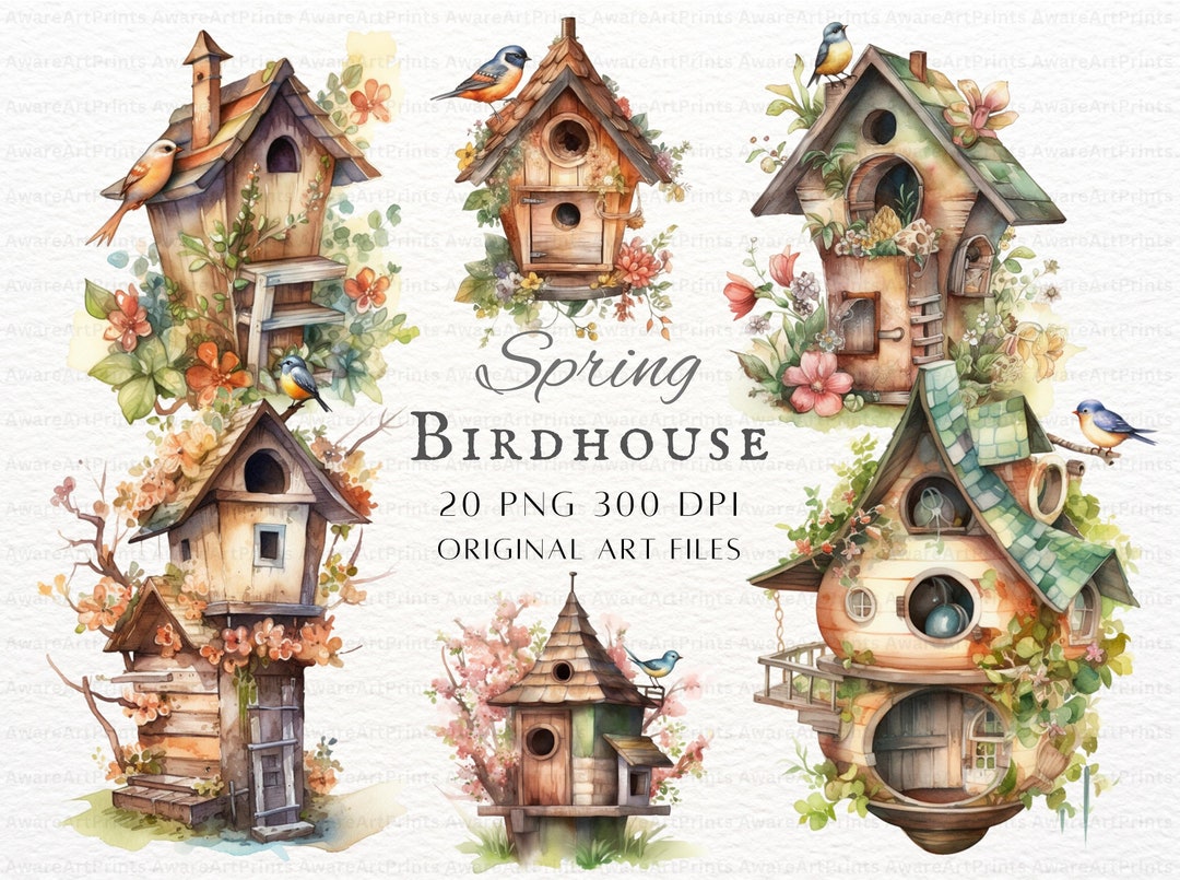 Spring Birdhouse 20pc PNG & JPEG Bundle | Birdhouse Art | Summer ...