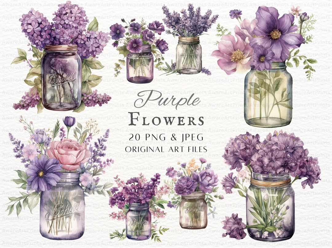 Purple Flowers 20pc PNG & JPEG Bundle | Mason Jar Flowers PNG | Purple ...