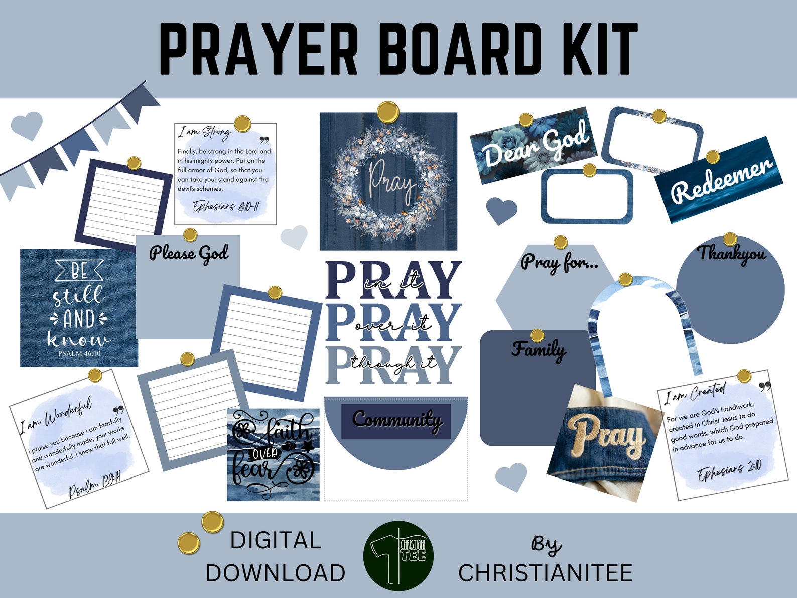 Prayer Board Printable Kit, Denim Theme, Bible Verse, Scripture Gift ...