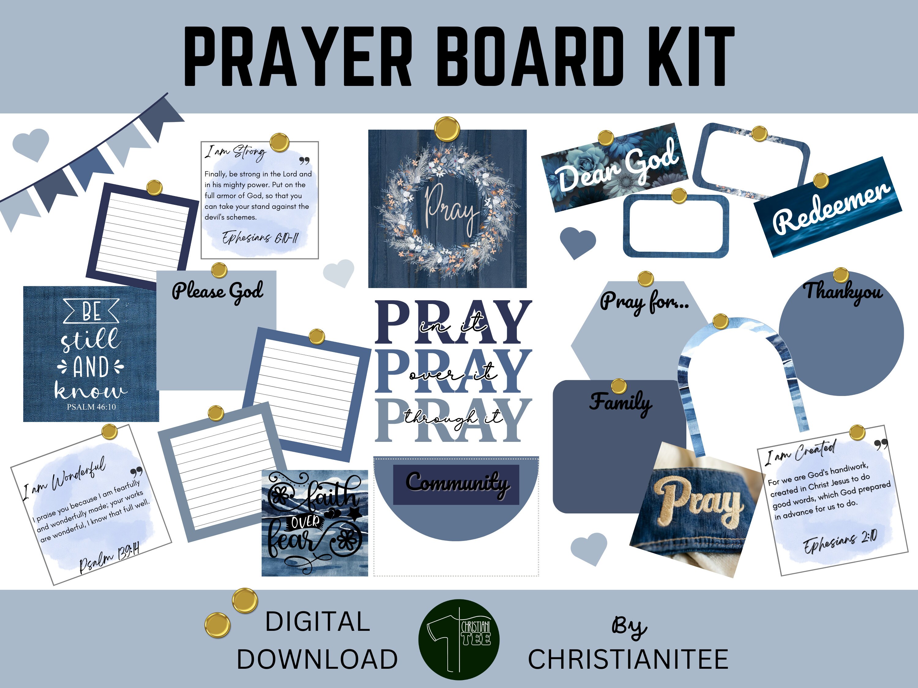 Prayer Board Printable Kit, Denim Theme, Bible Verse, Scripture Gift ...