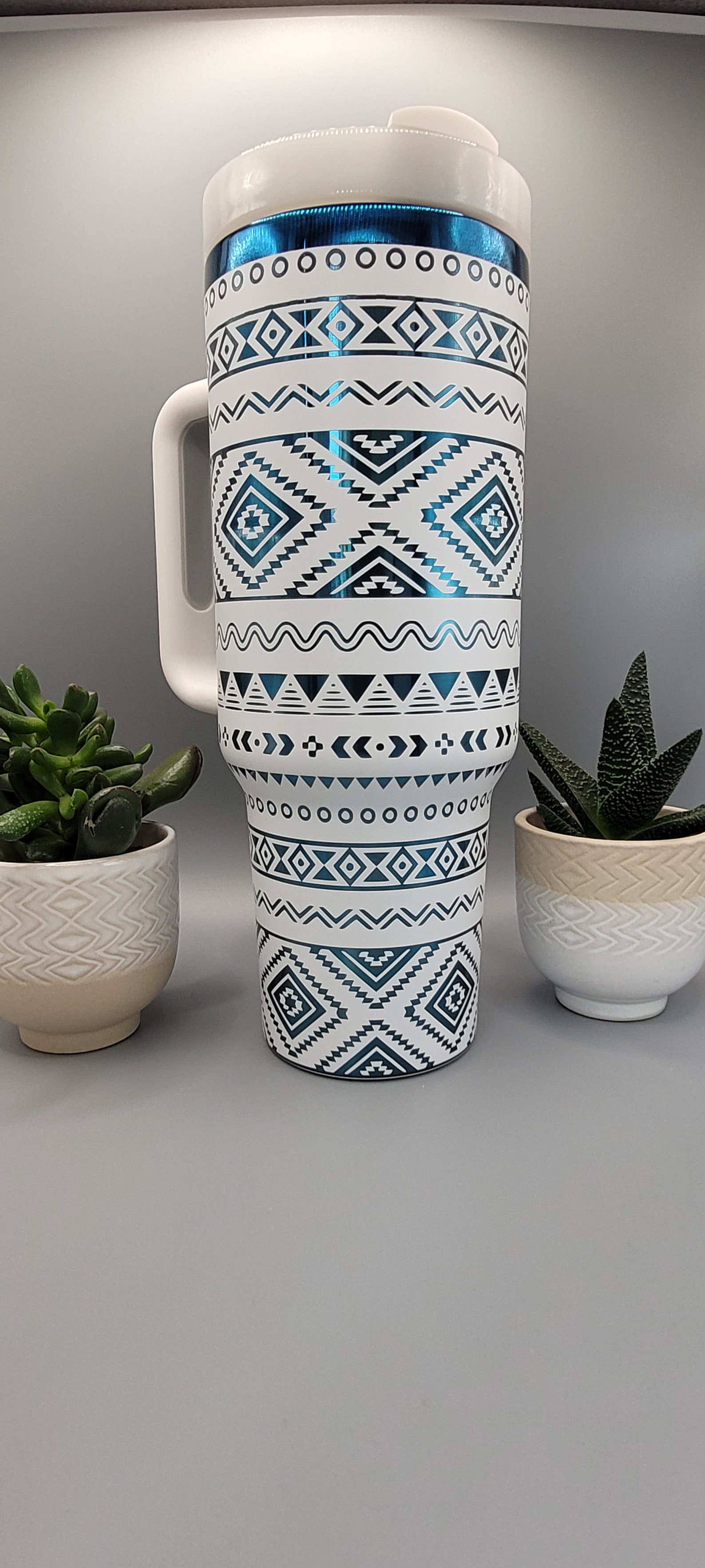 Aztec, Ndebele, Geometric Pattern, White on Blue Base 40oz Double Wall ...