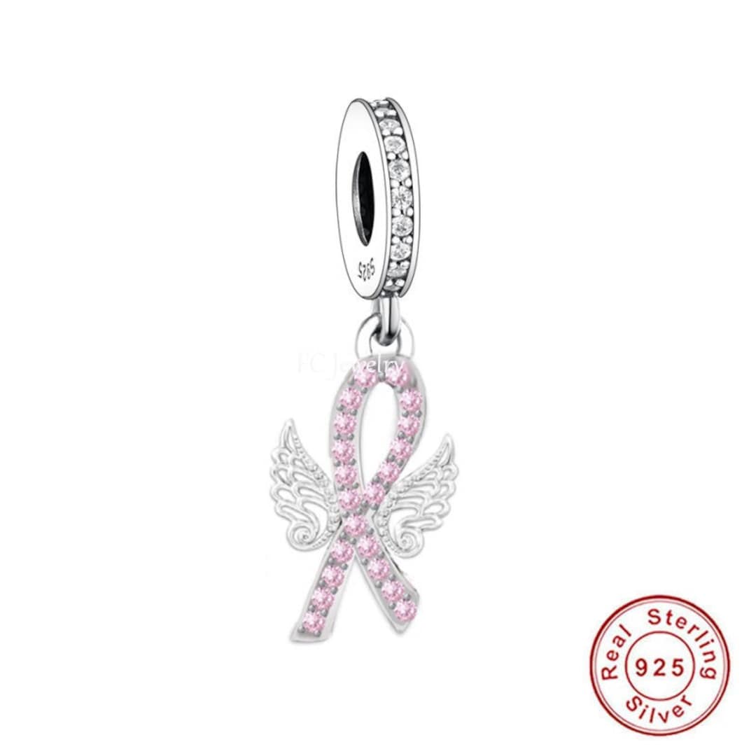 Breast Cancer Charm, Pink Ribbon Charm Pendant 925 Silver Charm ...