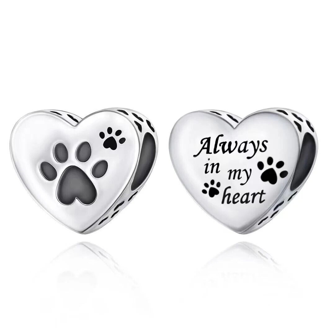 RIP Pet Cat / Dog Paw Memorial Charm Heart Charm 925 Sterling Silver ...
