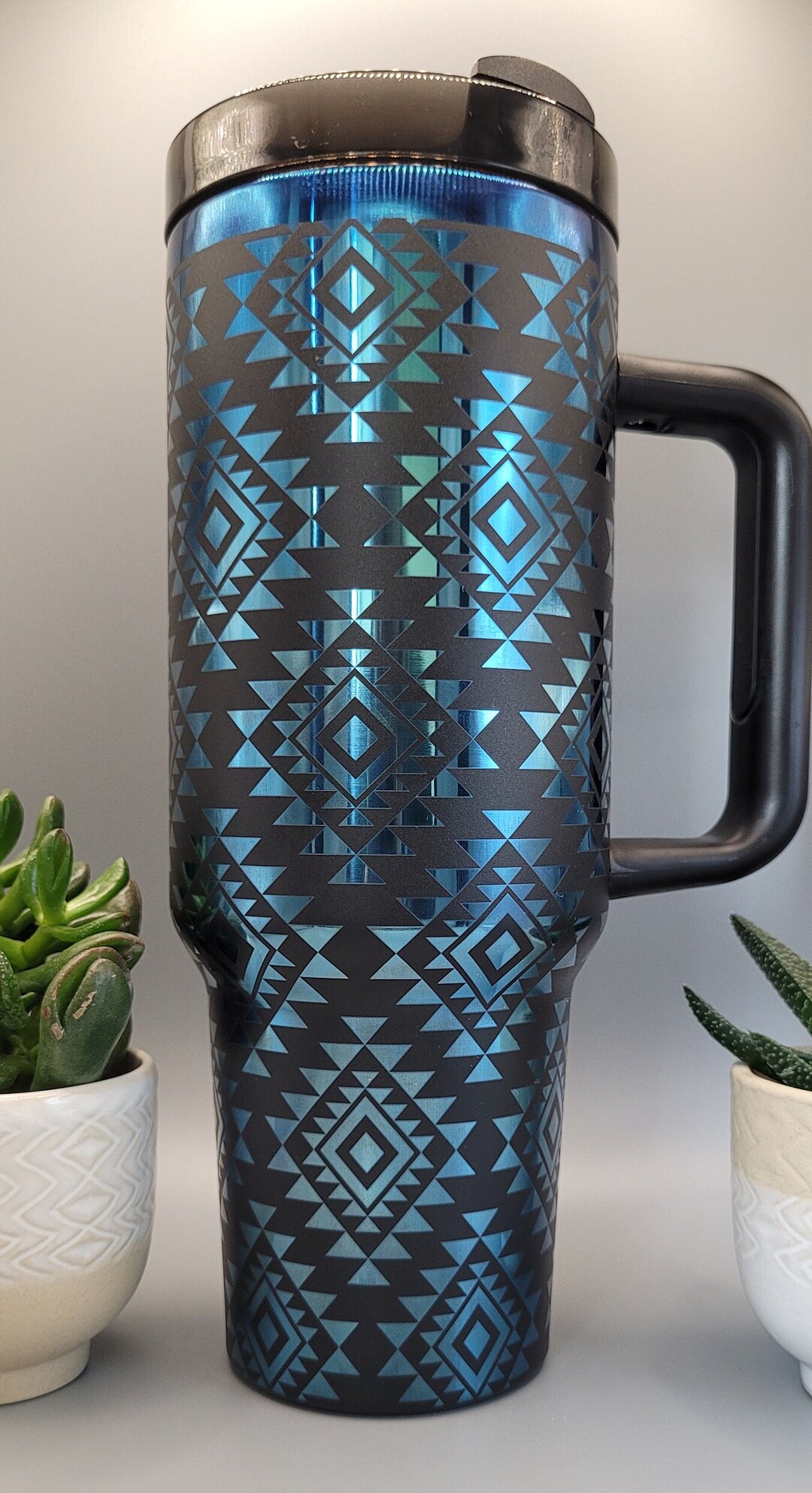 Aztec, Ndebele, Geometric Pattern, Black on Blue Base 40oz Double Wall ...