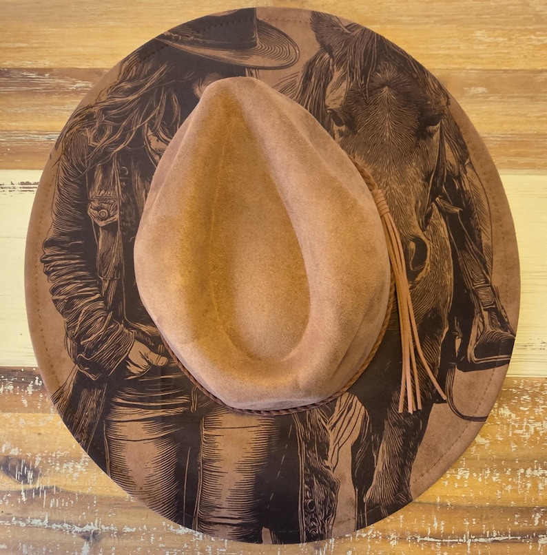 Horse and Cowgirl Burned Hat, Floral Burned Cowgirl Cowboy Hat ...