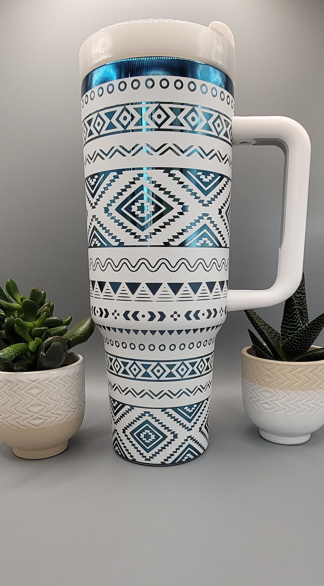 Aztec, Ndebele, Geometric Pattern, White on Blue Base 40oz Double Wall ...