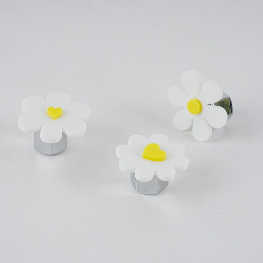 White Daisy Valve Stem Caps, 3D Printed Flower Schrader Tire Air Valve ...